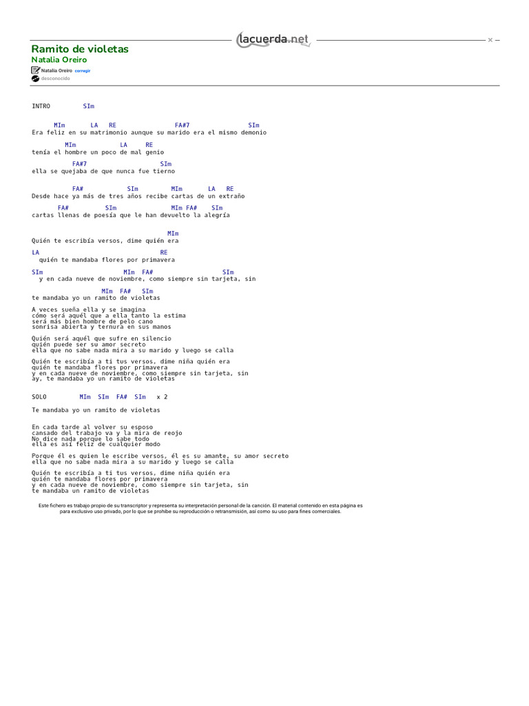 RAMITO de VIOLETAS, Natalia Oreiro - Letra y Acordes | PDF