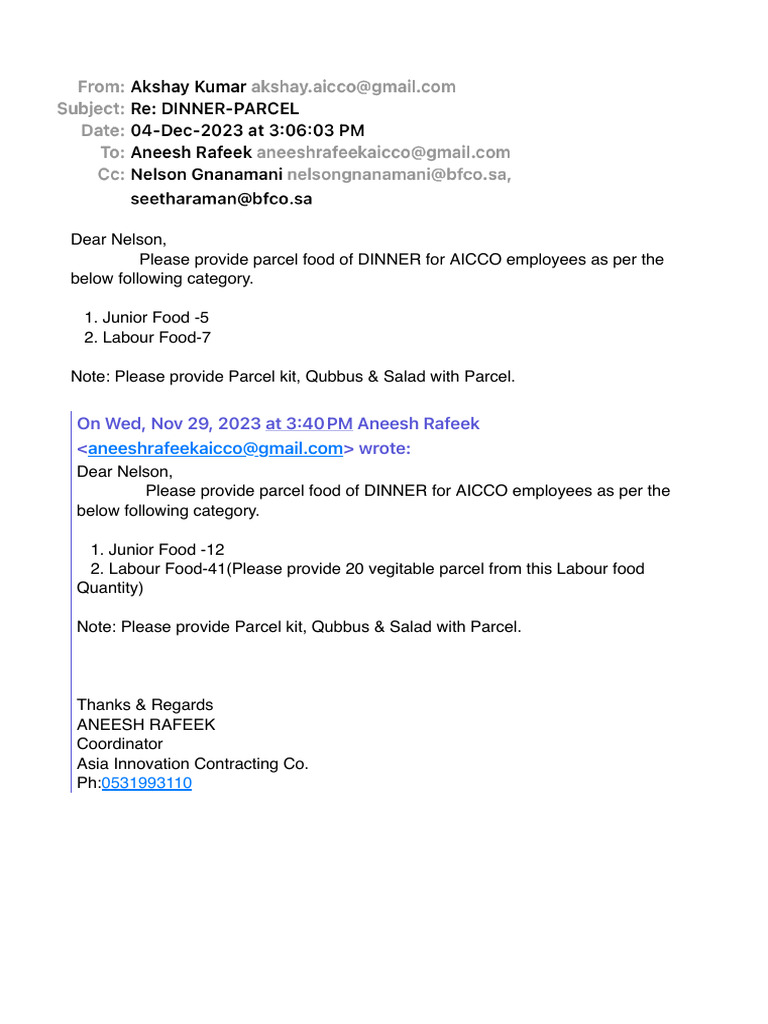 Re Dinner Parcel | PDF