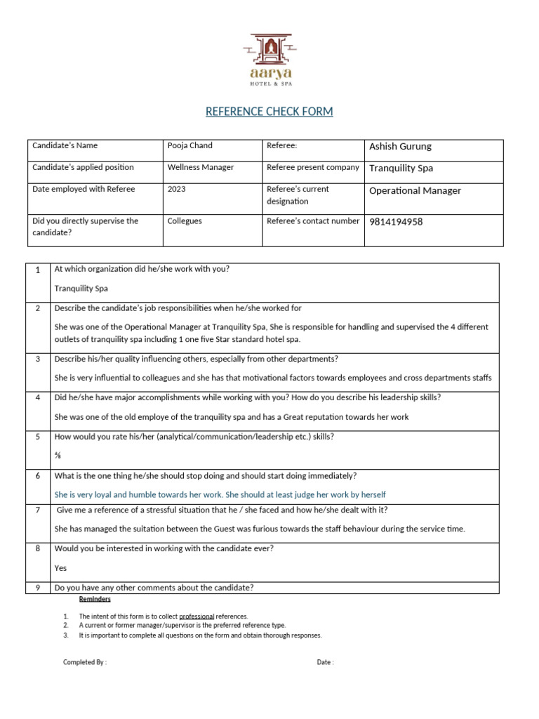 Reference Check Form Ashish | PDF | Leadership | Applied Psychology