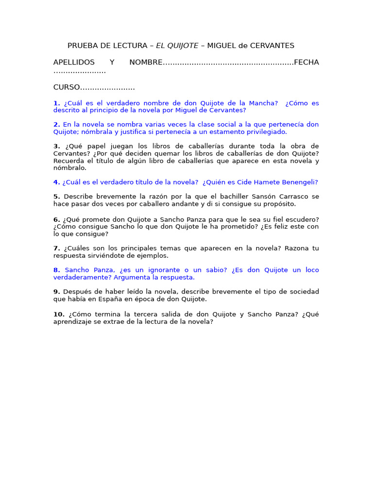 Preguntas sobre Don Quijote de Cervantes | PDF