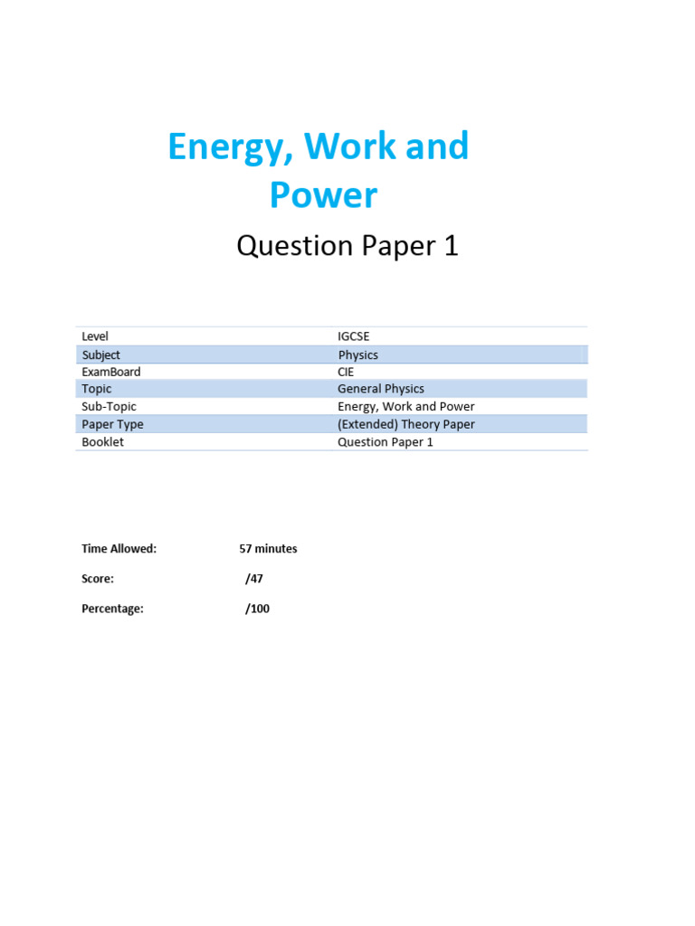 17.1-Energy Work Power-Cie Igcse Physics Ext-Theory-qp | PDF | Power ...