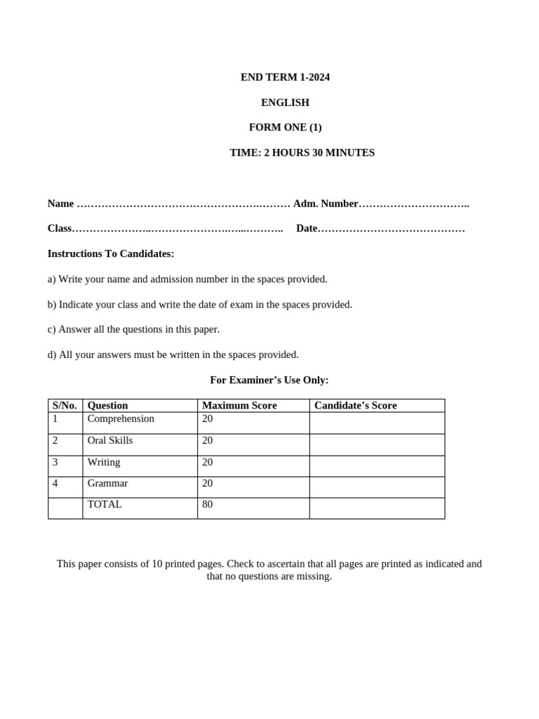 Form 1 English Exam Paper 2024 | PDF | Linguistics