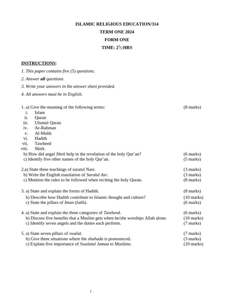 Form One Islamic Education Exam 2024 | PDF