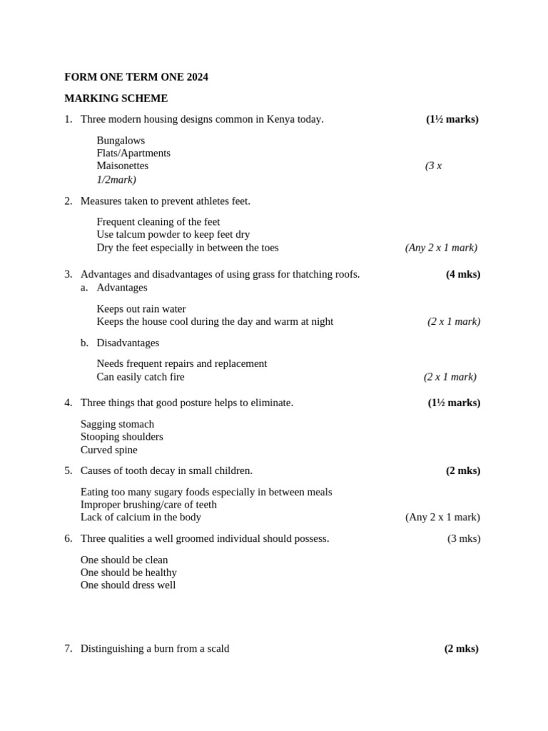 Form 1 Homescience - Marking Scheme | PDF | Skin