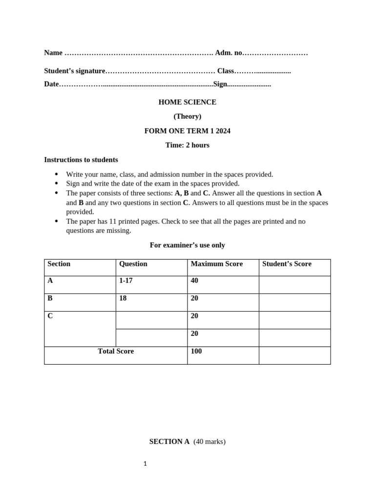 Home Science Term 1 Exam 2024 | PDF