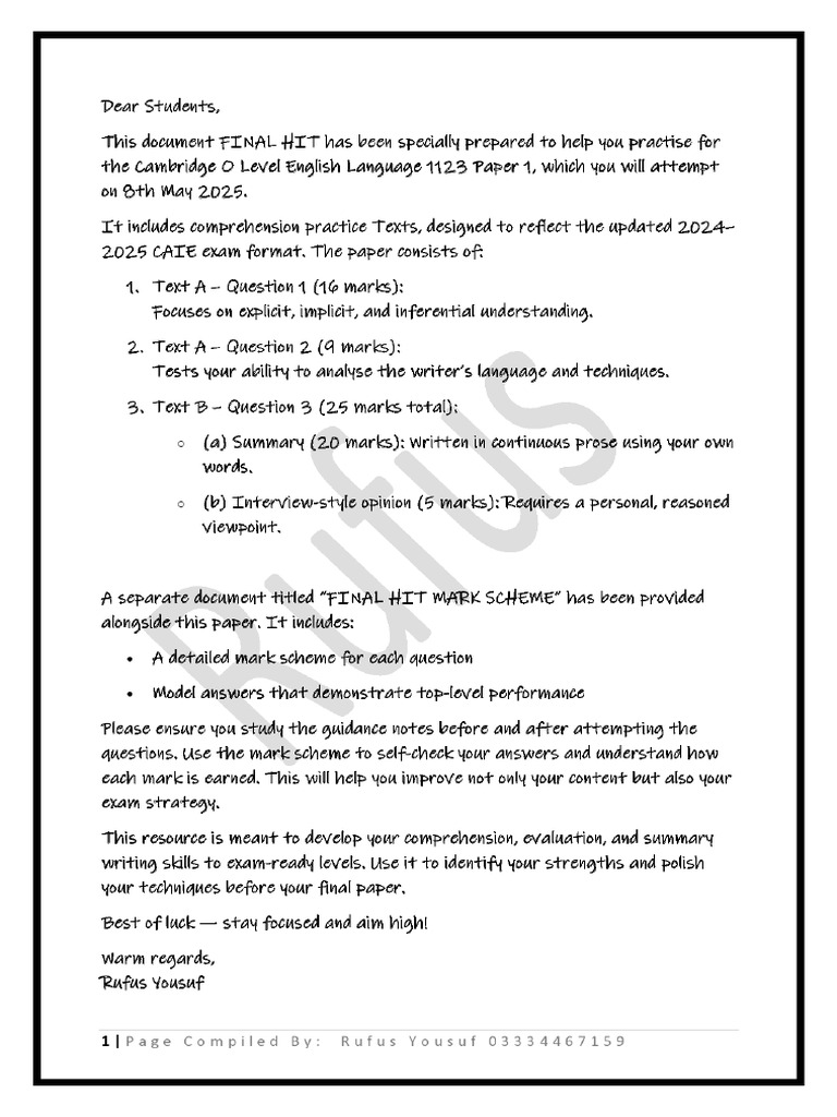 Final Hit English 1123 Paper 1 | PDF