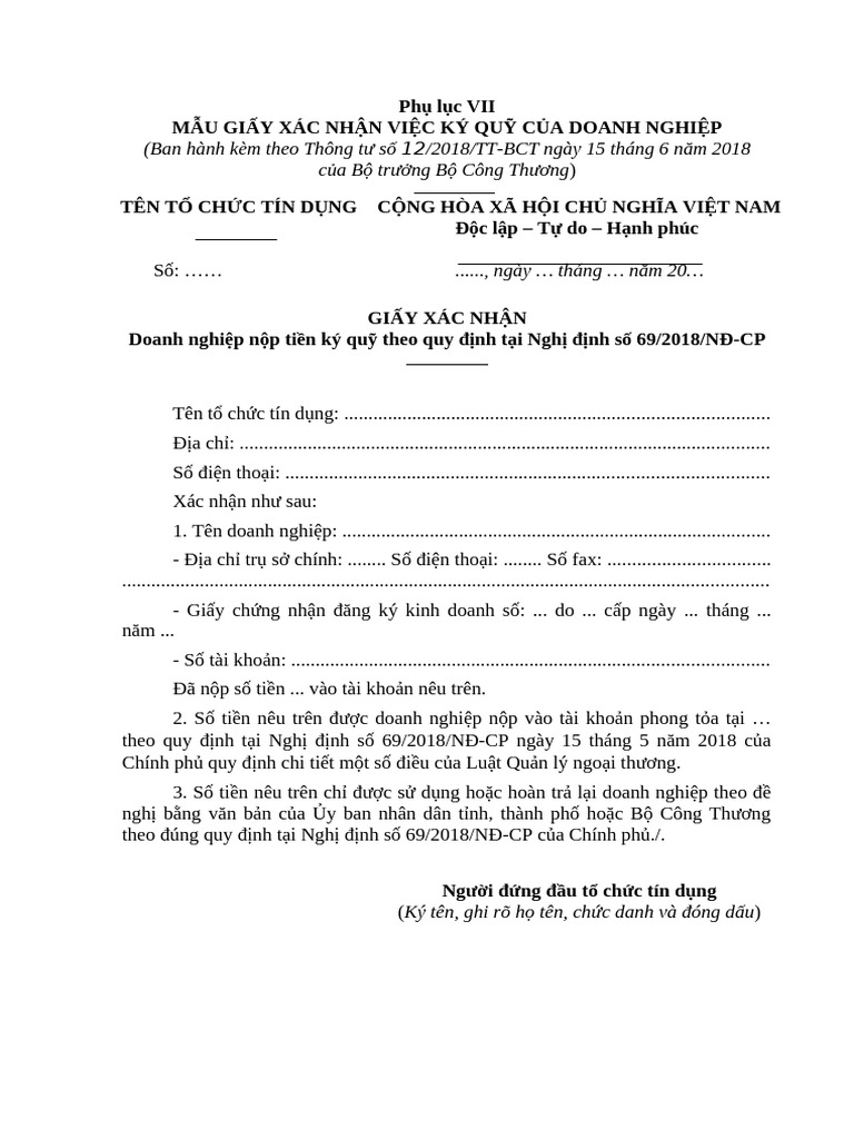 Phu luc VII. Mau Giay xac nhan ky quy | PDF