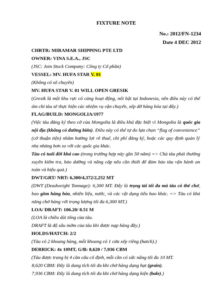 HỢP ĐỒNG TÀU CHUYẾN (FIXTURE NOTE) | PDF