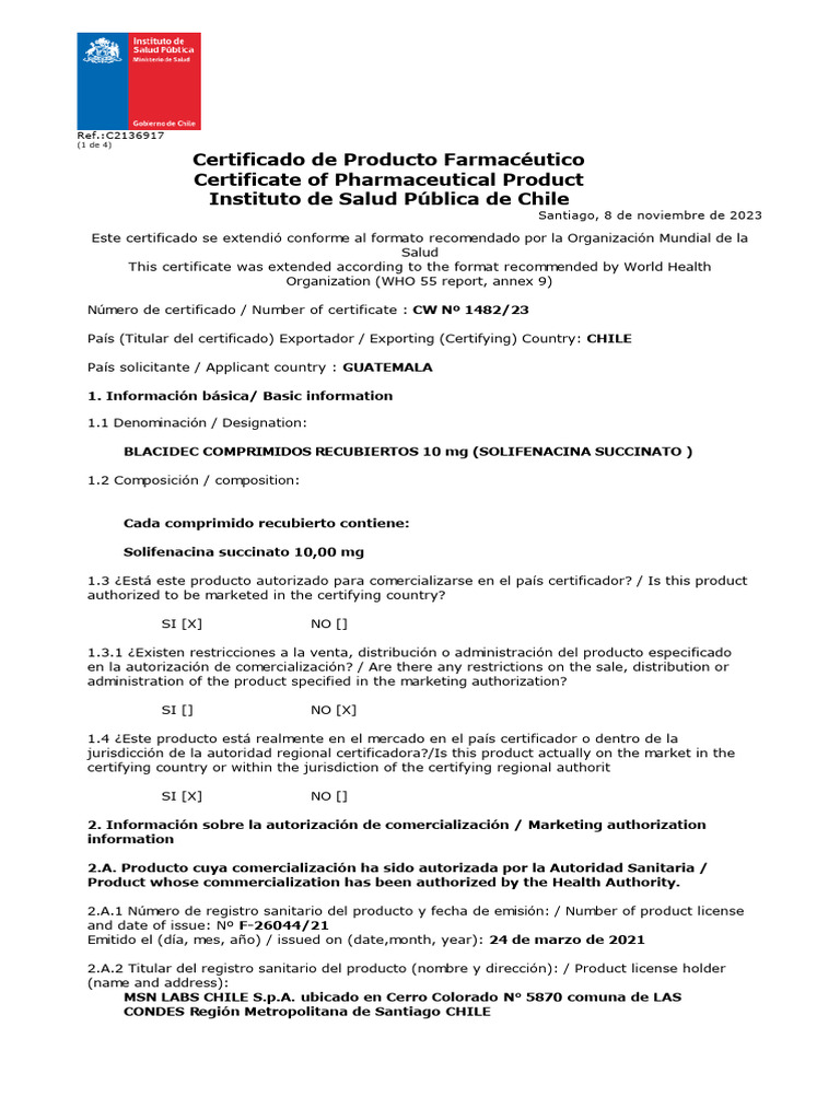 Certificado de Producto Farmacéutico Certificate of Pharmaceutical ...