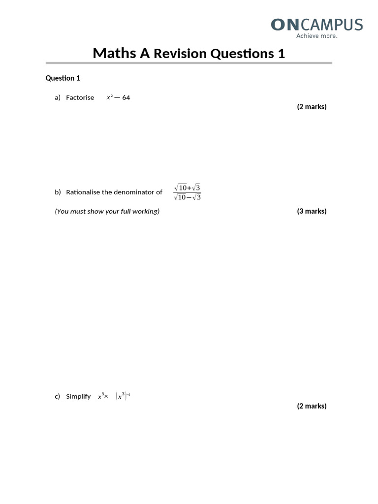 Maths A Revision Questions 1 | PDF | Equations | Mathematical Concepts