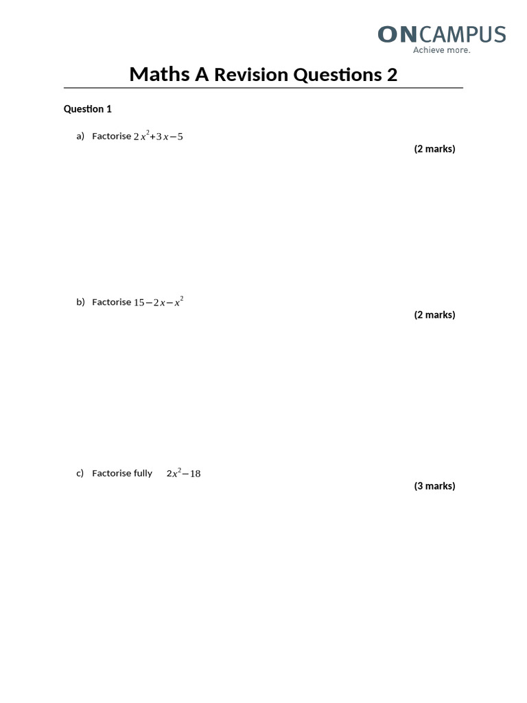 Maths A Revision Questions 2 | PDF | Tangent | Equations