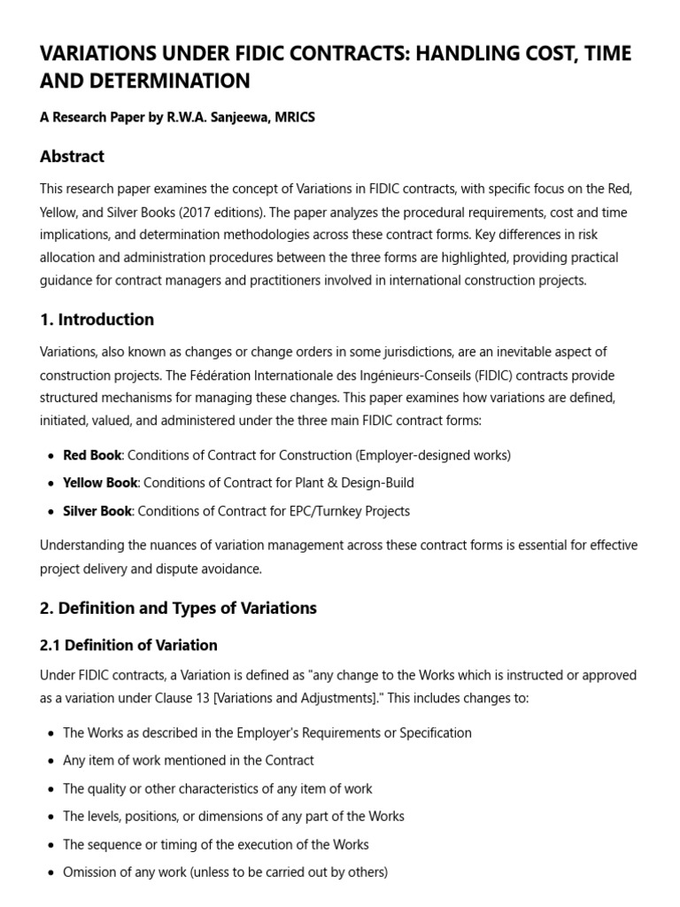 Variations Under Fidic Contracts - Handling Cost, Time and ...