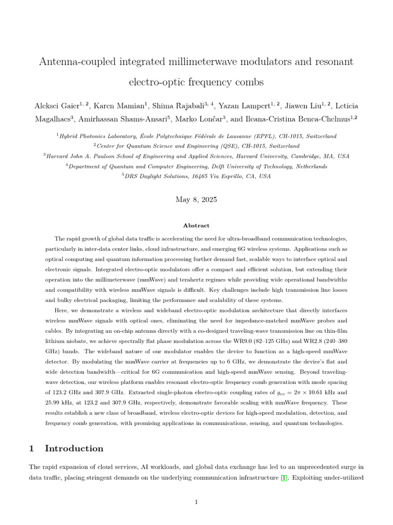 Antenna-Coupled Integrated Millimeterwave Modulators and Resonant Electro-Optic Frequency Combs ...