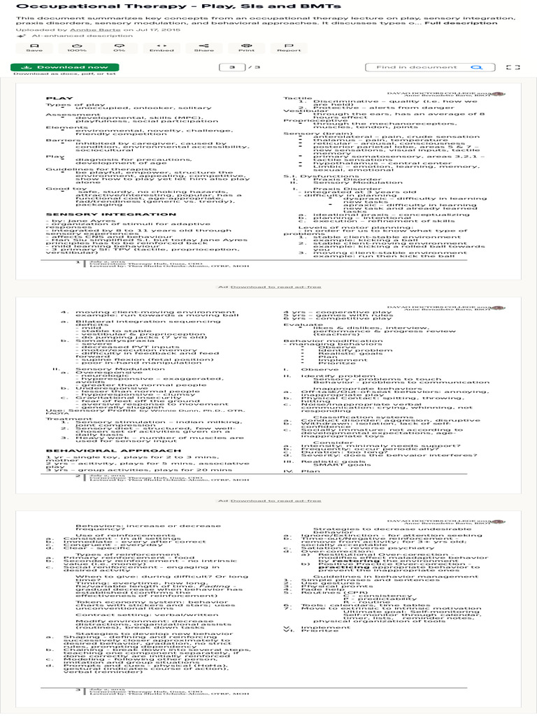 Occupational Therapy - Play, SIs and BMTs PDF Reinforcement ...