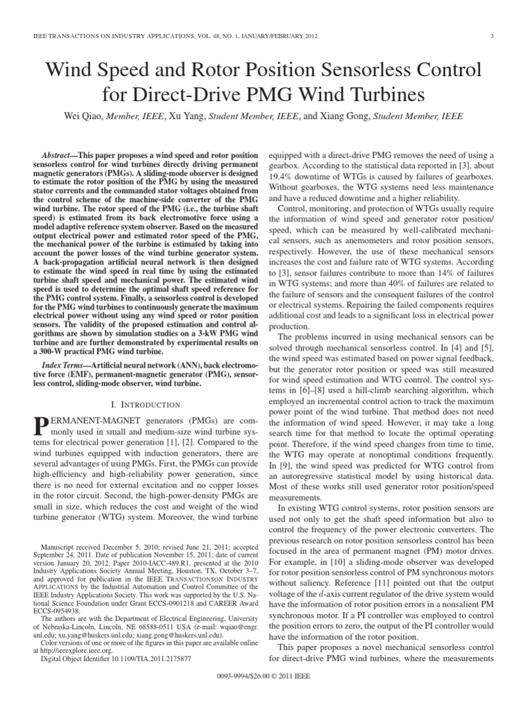 Wind Speed and Rotor Position Sensorless Control For Direct-Drive PMG ...