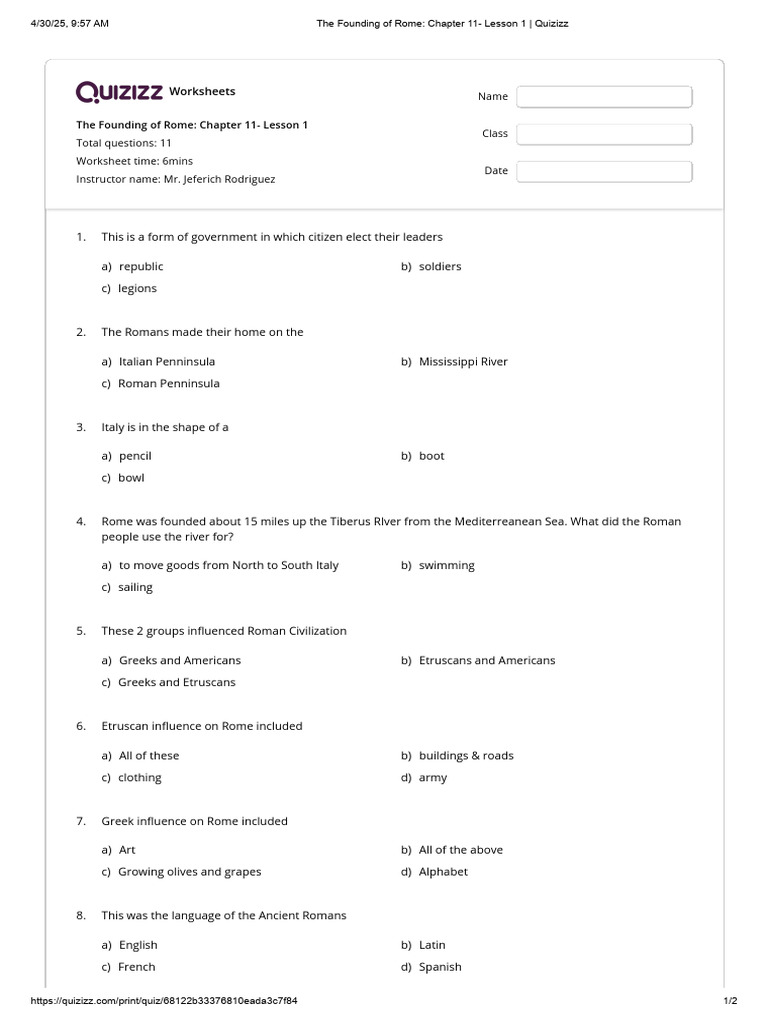 Founding of Rome: Lesson 1 Worksheet | PDF | Ancient Rome | Roman Legion