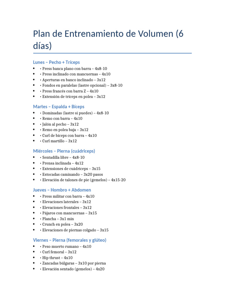 Plan de Entrenamiento de Volumen 6 Días | PDF