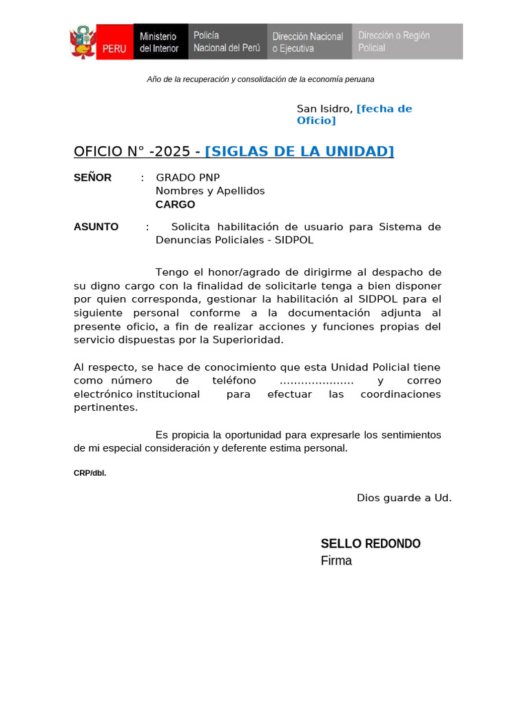 P-S04.a1.3.10.05 - Alta - Sidpol - 1.0 - Anexo 1 - Oficio | PDF