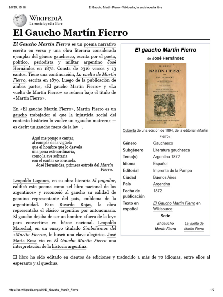 El Gaucho Martín Fierro - Wikipedia, La Enciclopedia Libre | PDF