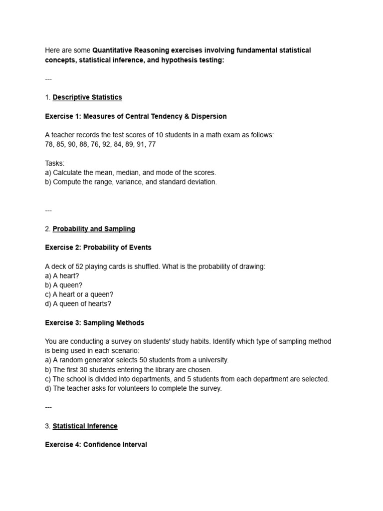 Quantitative Reasoning Exercises Involving Fundamental Statistical Concepts, Statistical ...