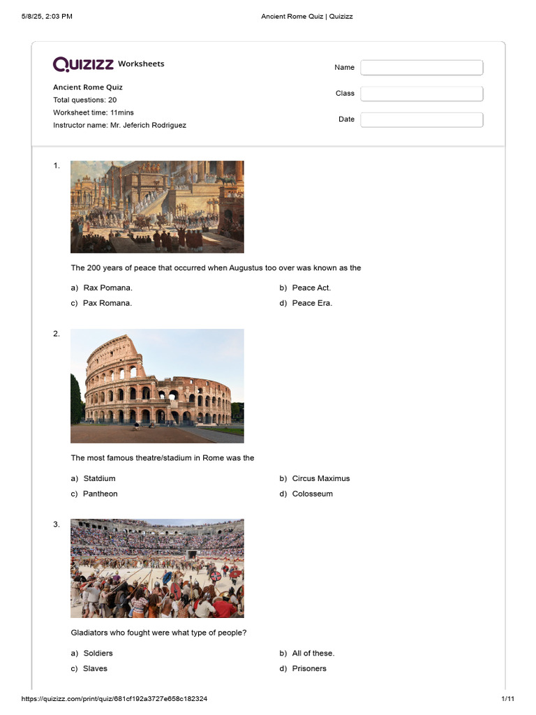 Ancient Rome Quiz Worksheet | PDF | Ancient Rome | Roman Republic