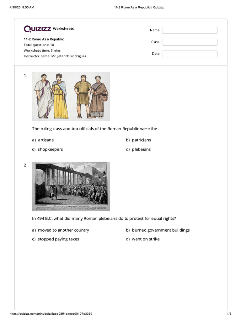 11-2 Rome As A Republic - Quiz | PDF | Roman Republic | Ancient Rome