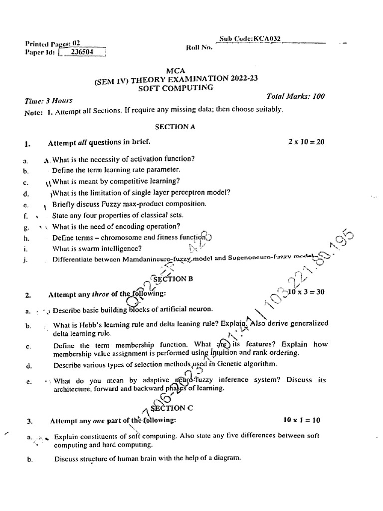 Mca 4 Sem Soft Computing Kca032 2023 | PDF