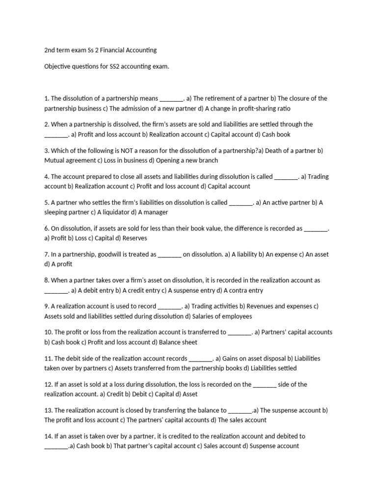 SS2 Financial Accounting 2nd Term Exam | PDF | Balance Sheet | Debits ...