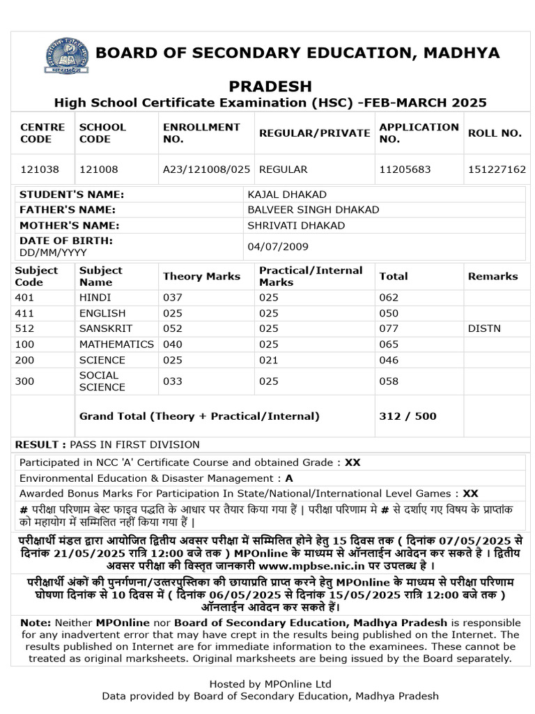 Kajal Result | PDF