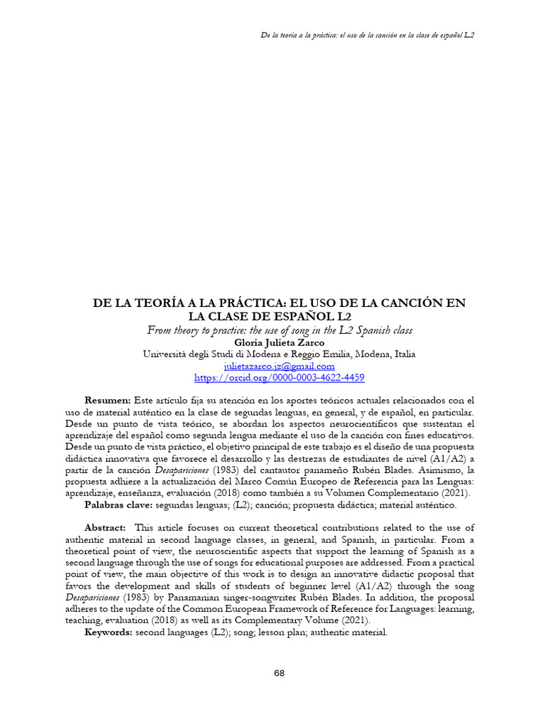 De La Teoría A La Práctica-El Uso de La Canción en La Clase de Español L2 | PDF | Hemisferio ...
