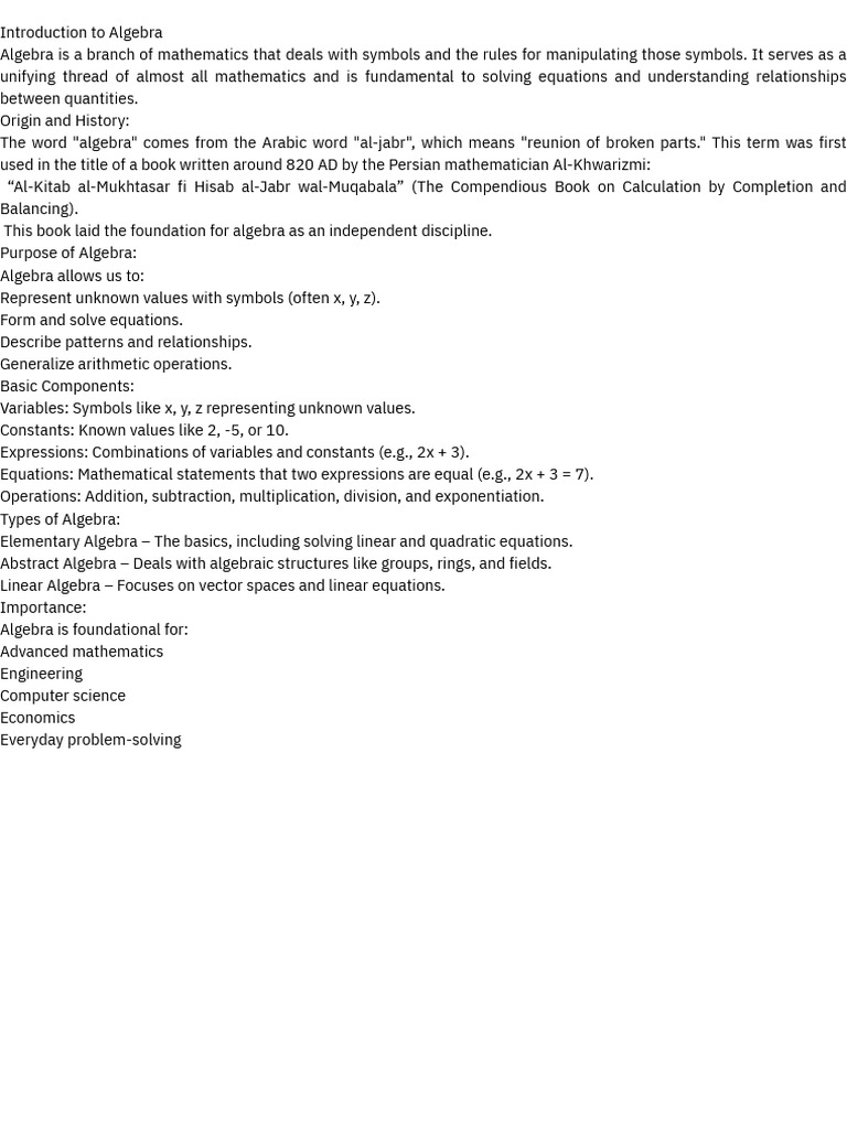 Algebra Introduction Pdf