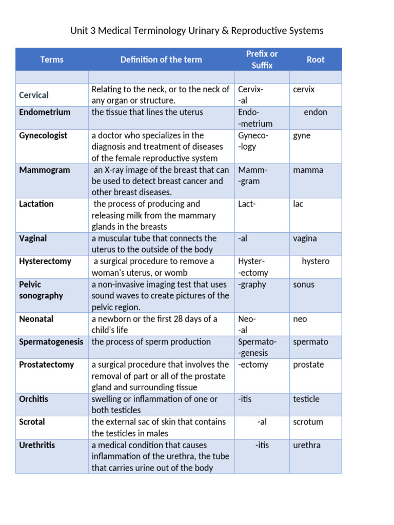 Unit 3 Medical Terminology System Urinary & Reproductive System ...