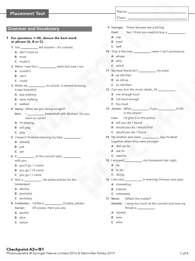 Checkpoint A2+ B1 Placement Test | PDF
