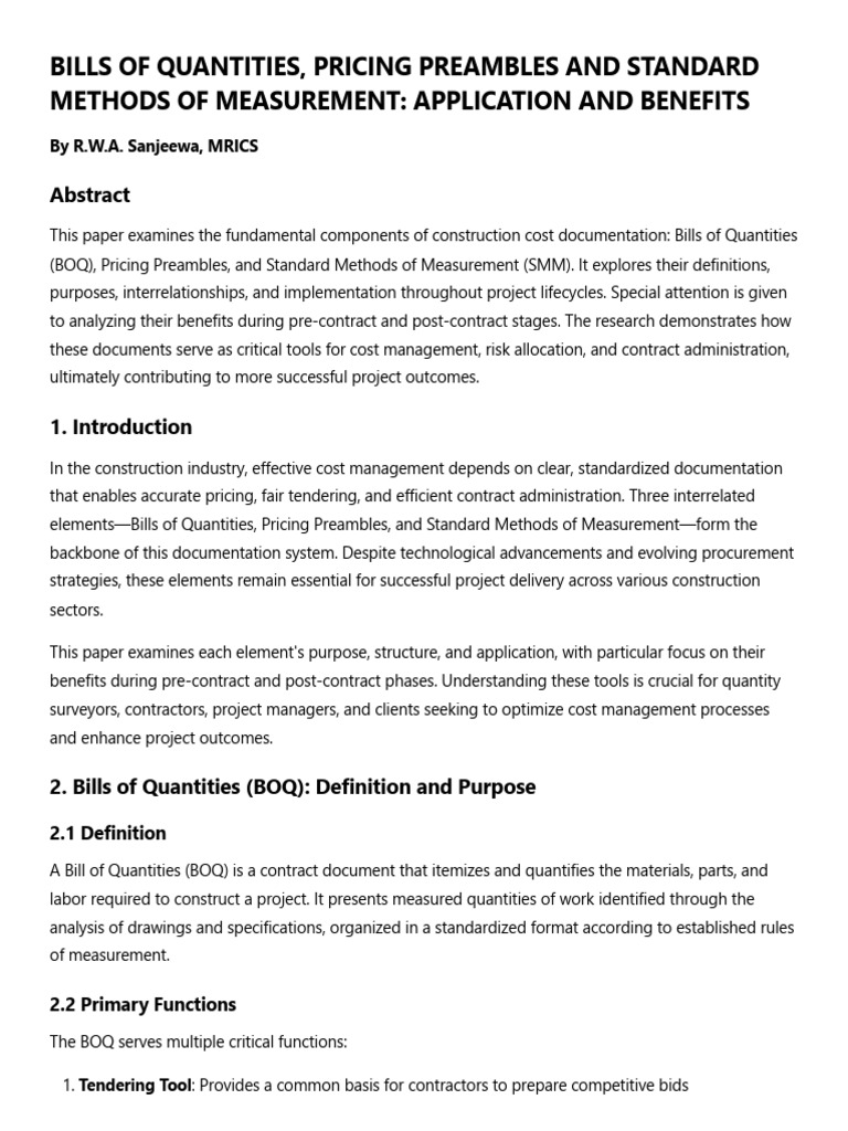 Bills of Quantities, Pricing Preambles and Standard Methods of Measurement - Application and ...