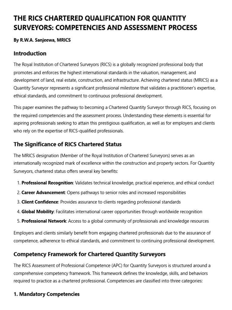 The Rics Chartered Qualification For Quantity Surveyors - Competencies ...