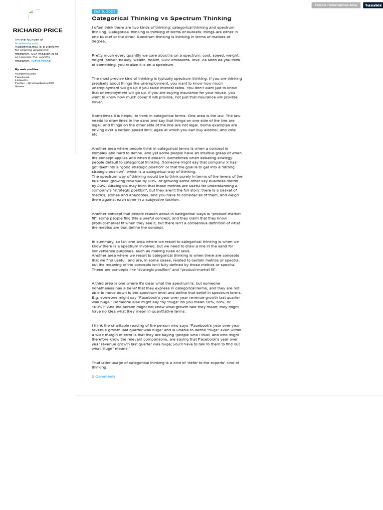 Categorical Thinking Vs Spectrum Thinking - Richard Price | PDF | Thought | Concept