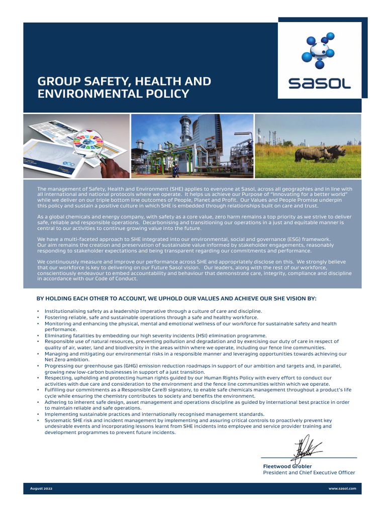 Sasol's SHE Policy Overview | PDF | Sustainability | Environmental ...
