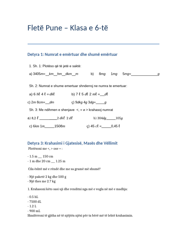 Flete Pune Klasa 6 Numrat Emertuar | PDF