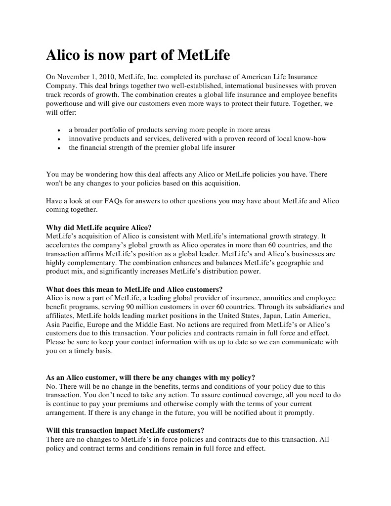 Alico Is Now Part of MetLife | PDF | Met Life | Insurance