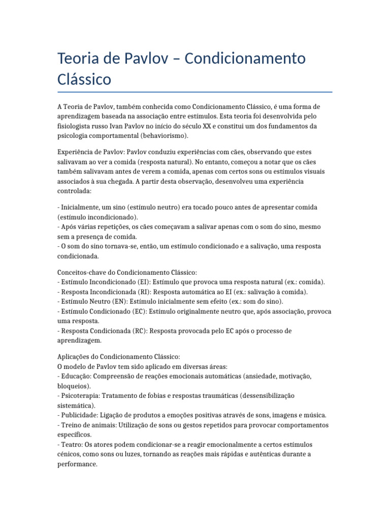 Teoria_de_Pavlov_Condicionamento_Clássico | PDF