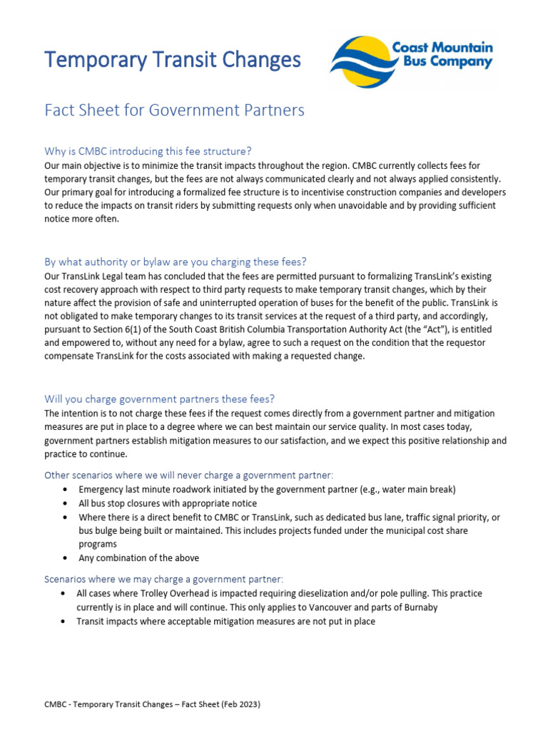 Fact Sheet For Temp Transit Changes - Government Partners | PDF | Bus