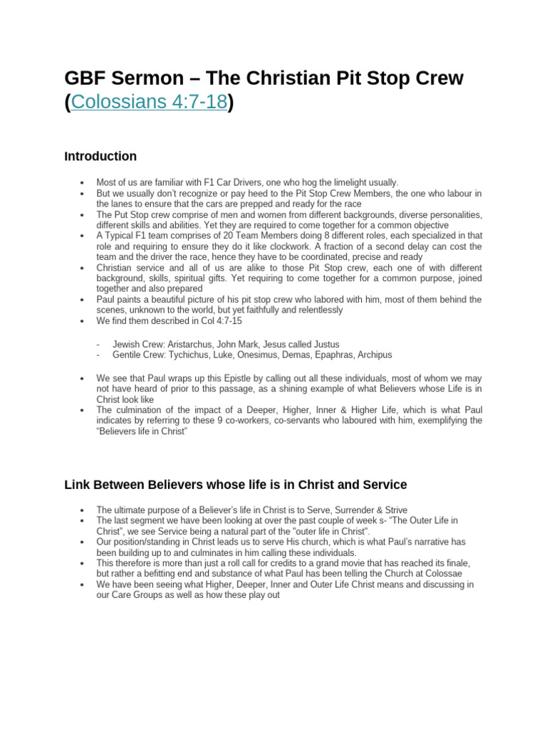 GBF Sermon - The Christian Pit Stop Crew - Final | PDF | Abrahamic Religions