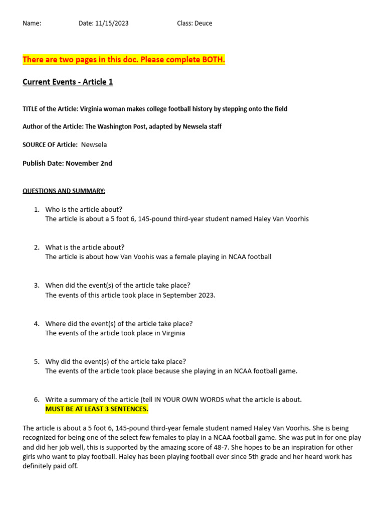 Current Events WORKSHEET - 2 Articles | PDF