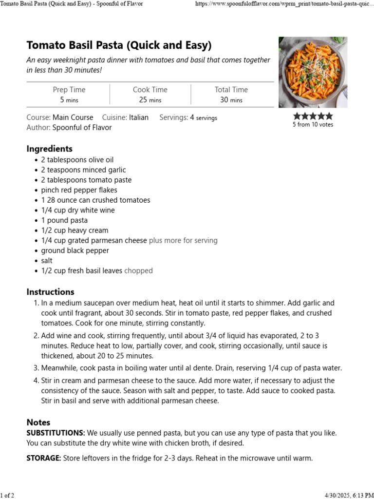 Tomato Basil Pasta (Quick and Easy) - Spoonful of Flavor | PDF | Pasta ...