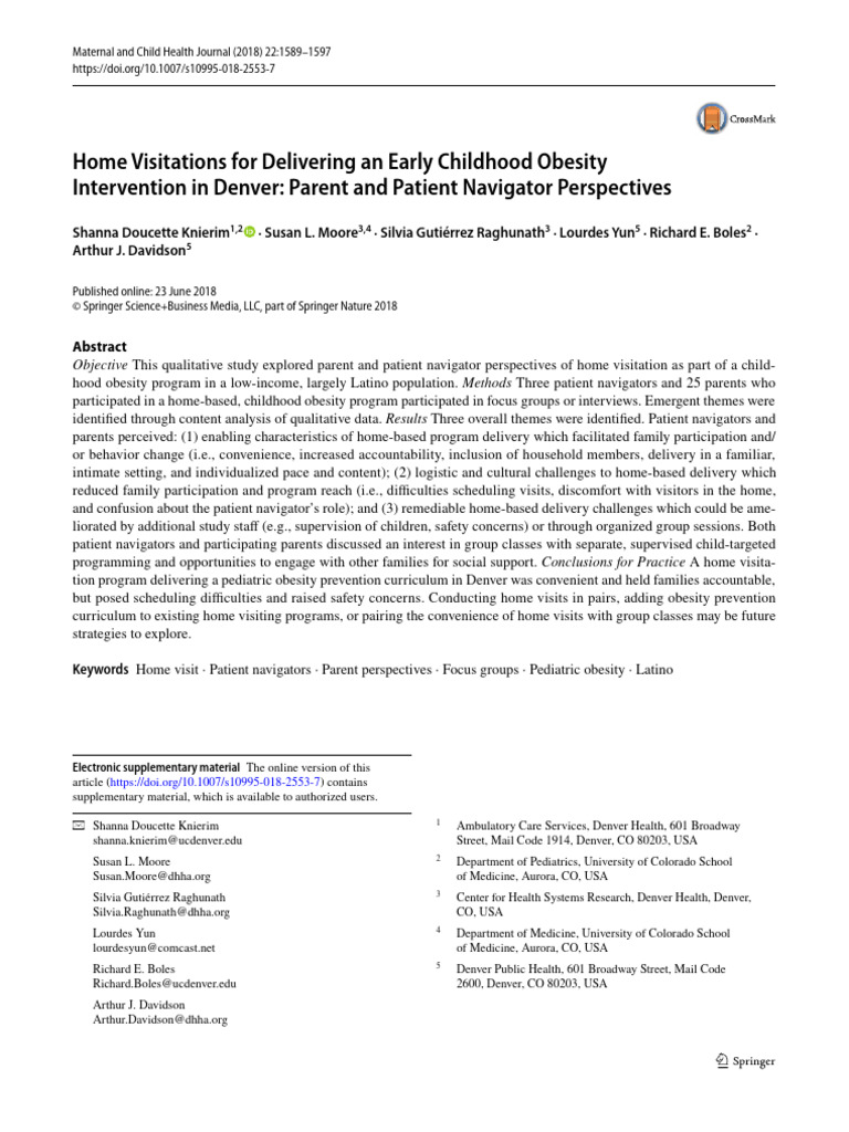 Home Visitations for Delivering an Early Childhood Obesity Intervention in Denver- Parent and ...
