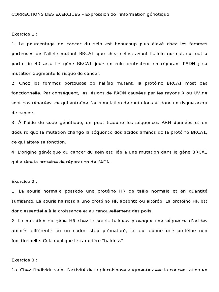 Corrections Exercices Expression Info Genetique | PDF | Gène | Protéines