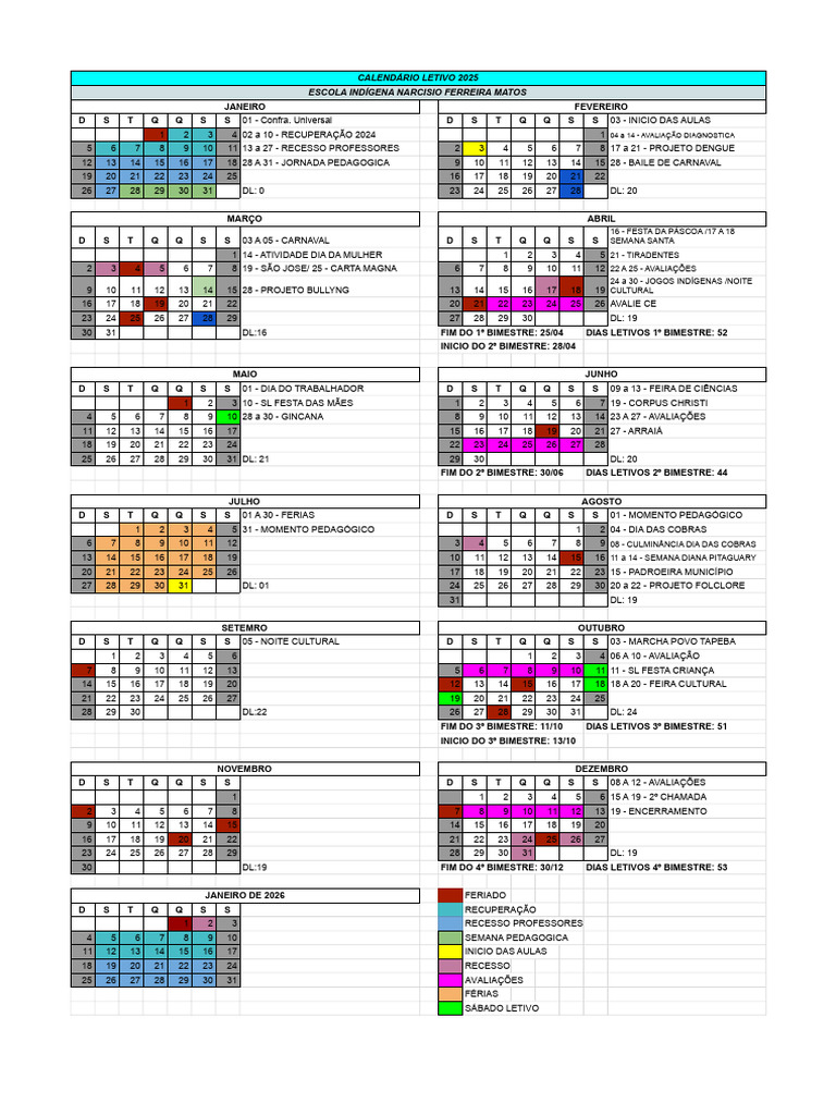 Calendário Letivo 2025 - Escola Indígena | PDF