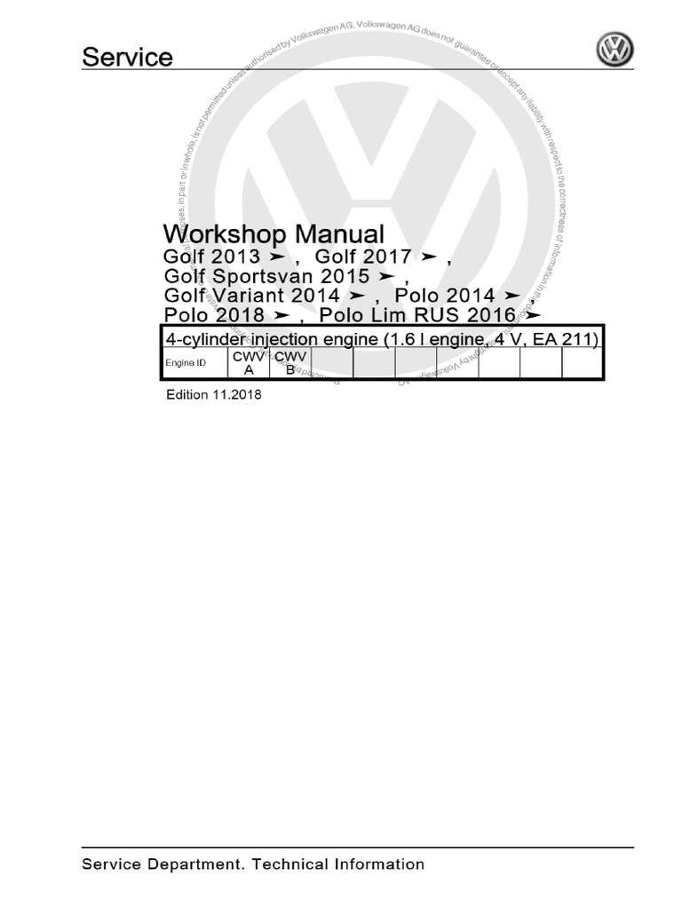 VW Polo 2018+ - 4-Cyl. Injection Engine (1.6l Engine, 4 V, EA 211 ...