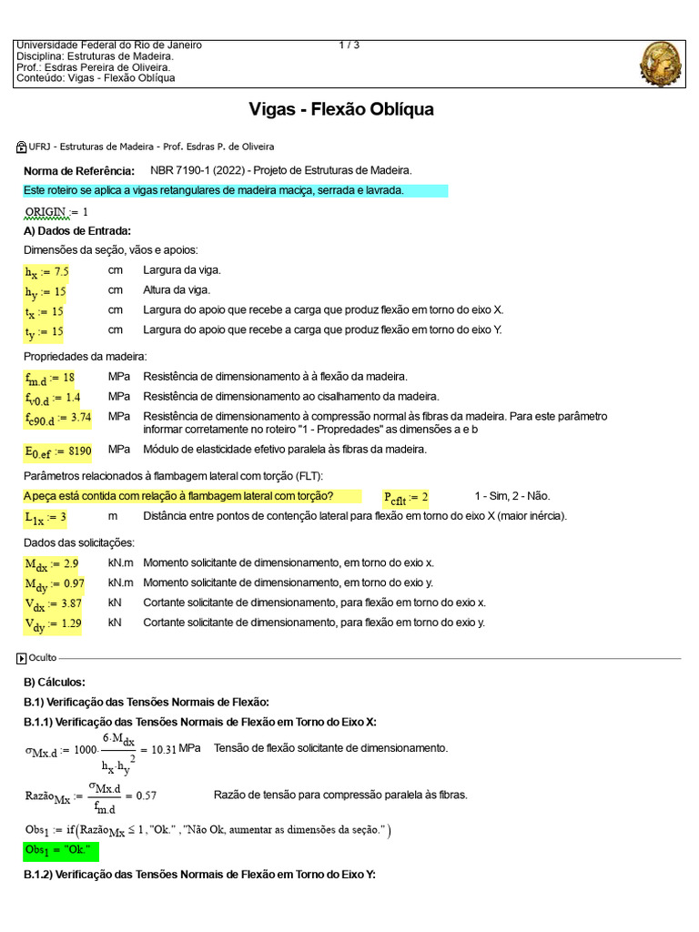 Vigas de Madeira: Flexão Oblíqua UFRJ | PDF | Estresse (Mecânica ...