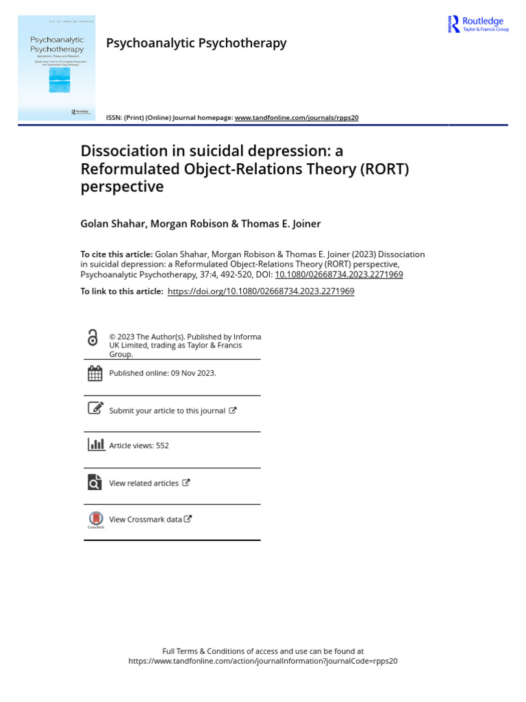 Dissociation in suicidal depression a Reformulated Object-Relations ...